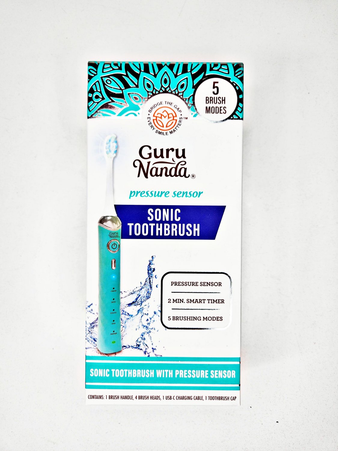 Guru Nanda-pressure sensor sonic toothbrush- 3pk replacement heads included