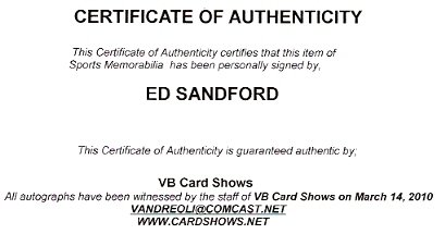 BOSTON BRUINS ED SANDFORD AUTOGRAPH SIGNED 8x10 PHOTO WITH COA