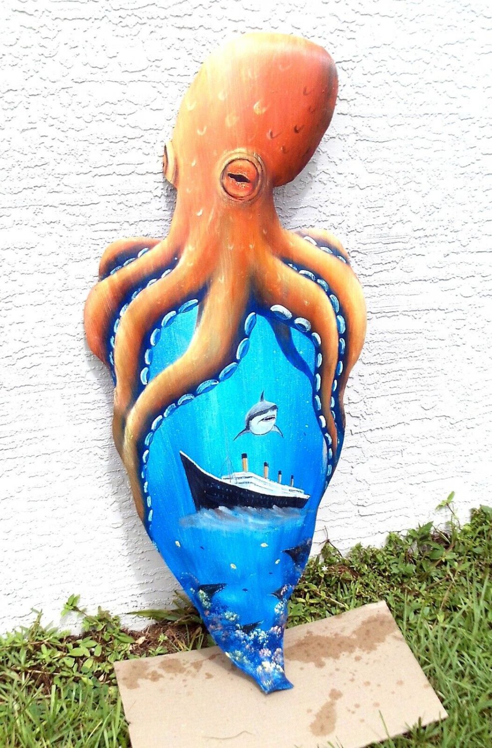 Octopus over Titanic hand painted and carved from Florida Palm tree ...