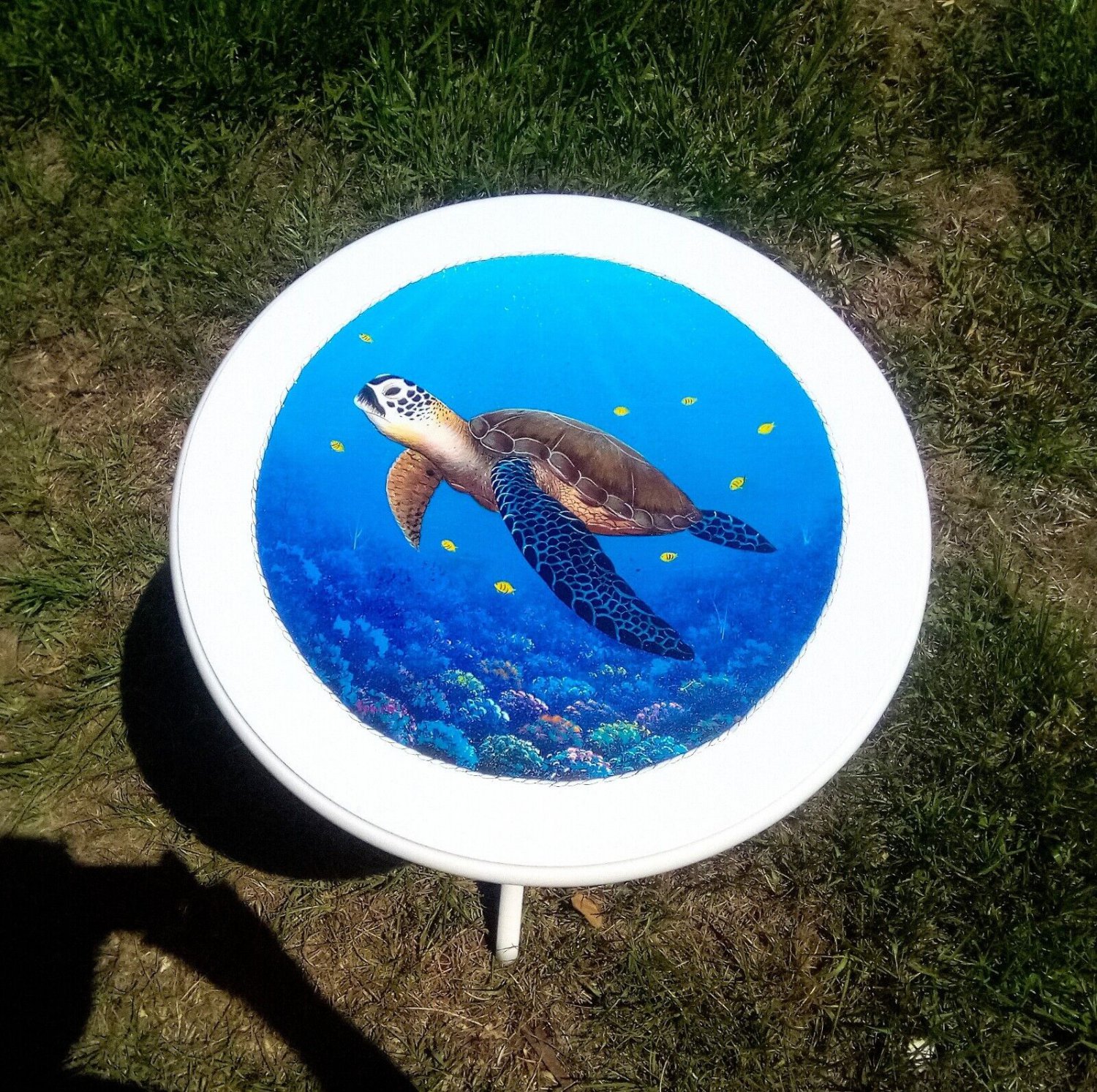 Sea Turtle Coral hand painted on handcrafted coastal beach themed table