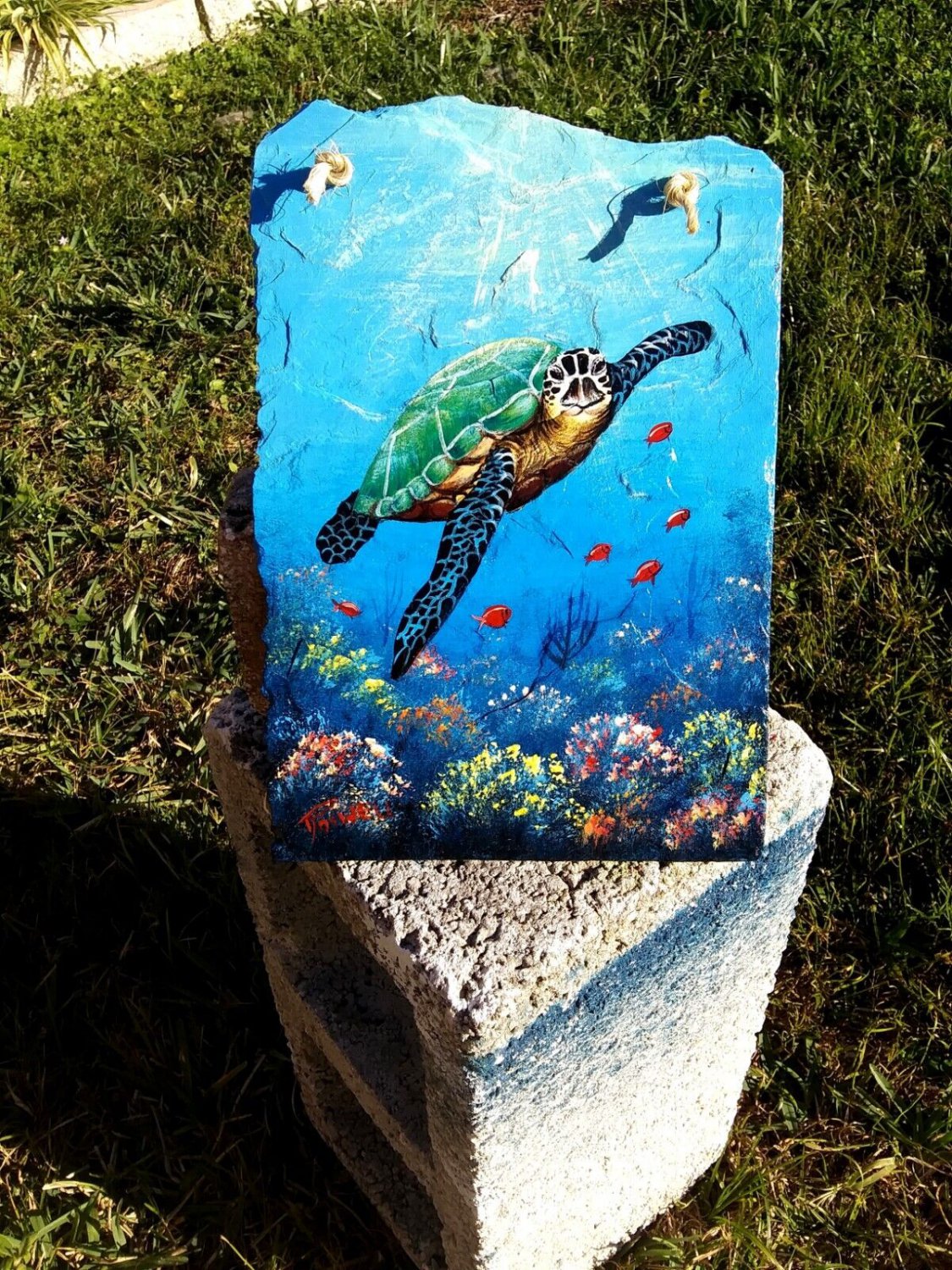 Sea Turtle hand painted on gray slate animal marine life art rock wall art