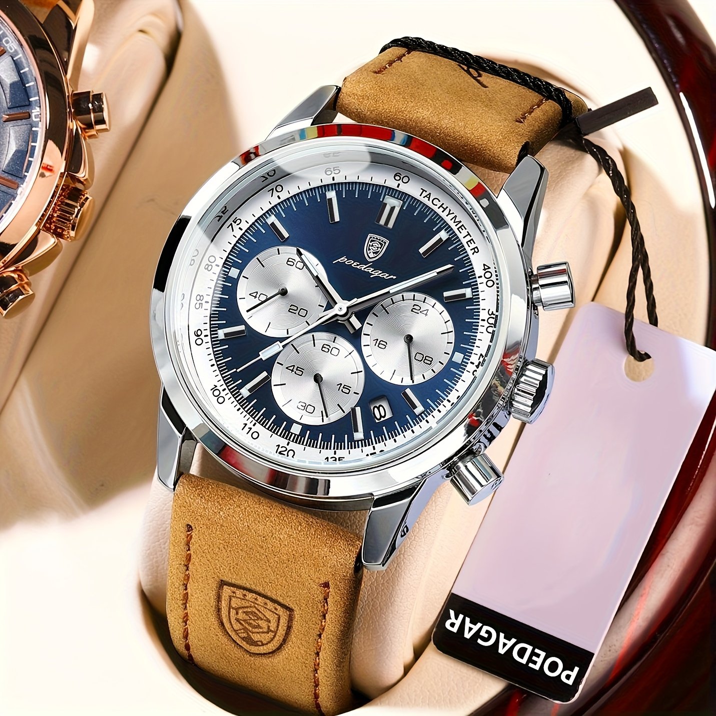 POEDAGAR Men’s Chronograph Quartz Watch – Luminous Dial, Brown Leather ...