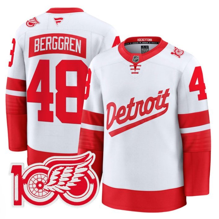Jonatan Berggren #48 Detroit Red Wings 100th Anniversary Stadium