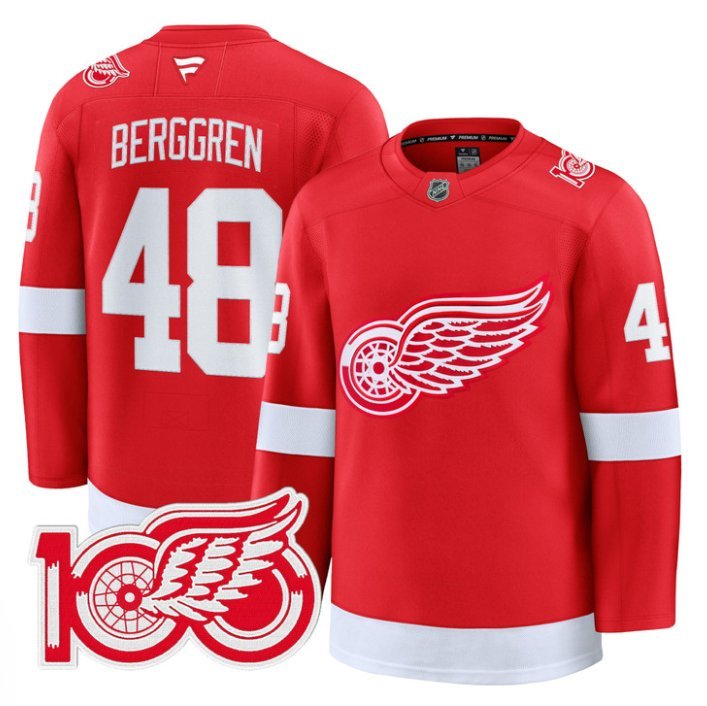 Jonatan Berggren #48 Detroit Red Wings 100th Anniversary Stitched Red