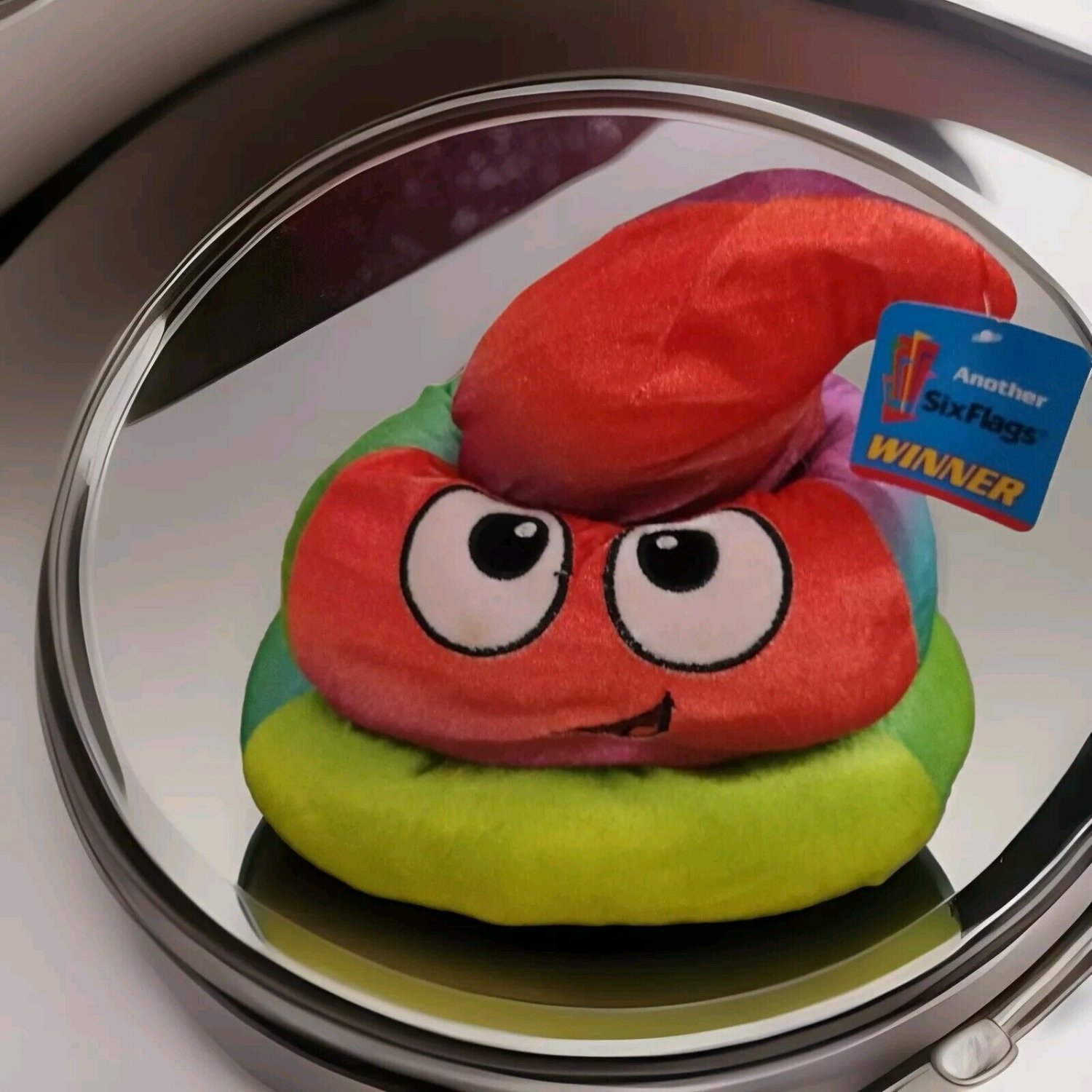 Six Flags Poop Emoji Hat Plush Cushion Rainbow Colorful Smiley Face Funny