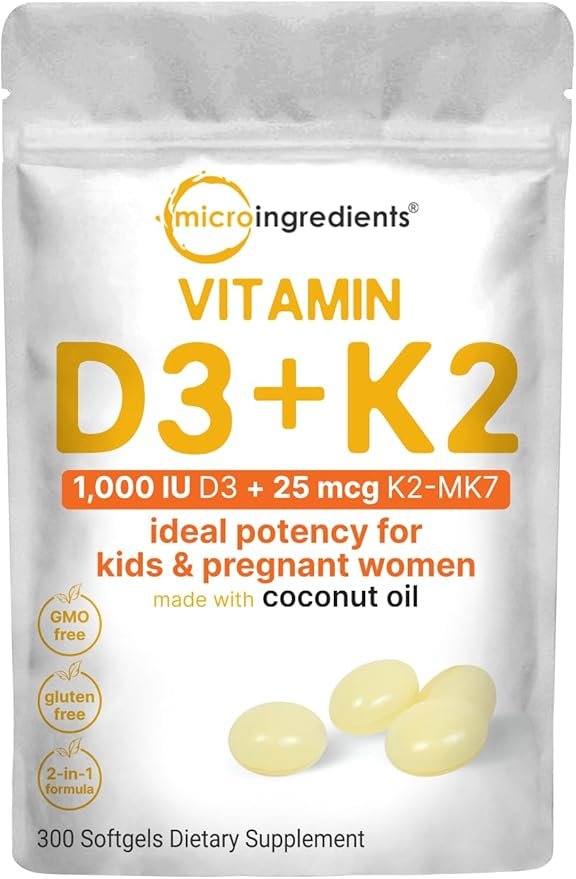 Micro Ingredients Vitamin D3 1,000 IU + K2 MK-7 25 mcg, 300 Softgels ...
