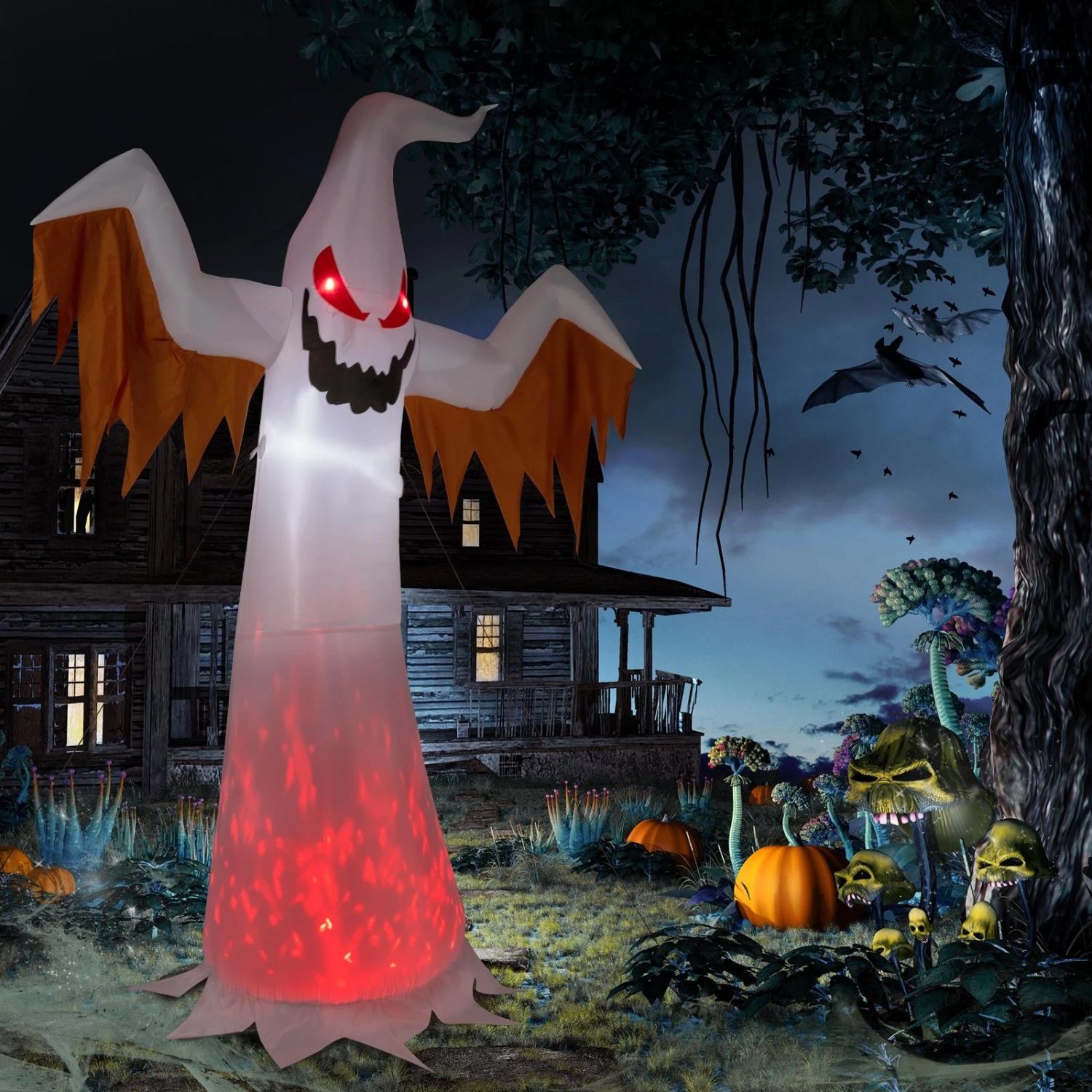 12FT Scary Ghost Flames Halloween Inflatable with Led Lights Blow Up Decora