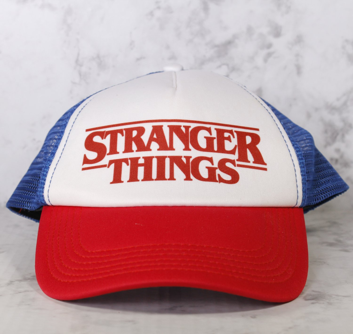 Stranger Things Logo Trucker Snapback Hat : Dustin Red, White and Blue