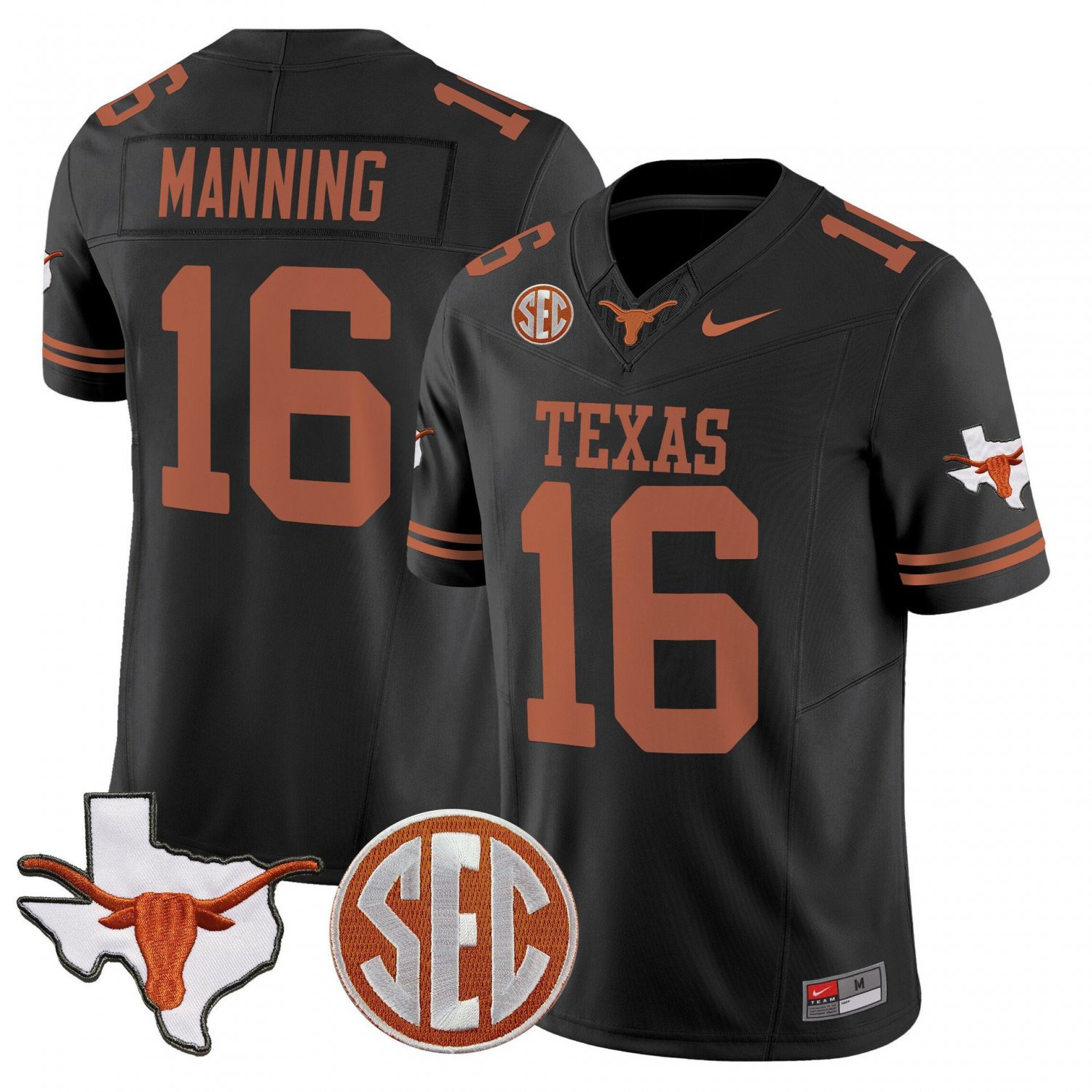 Arch Manning Jersey #16 Texas Longhorns 2025 State Map SEC Patch Black