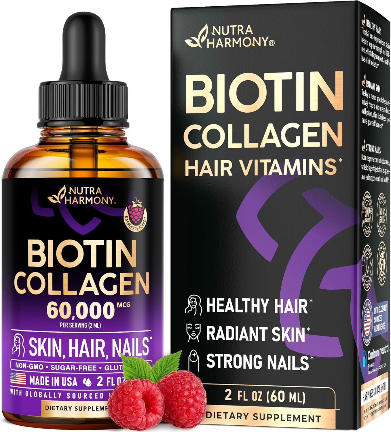 Liquid Biotin & Collagen Drops – 60000 mcg B7 Supplement for Hair, Skin ...