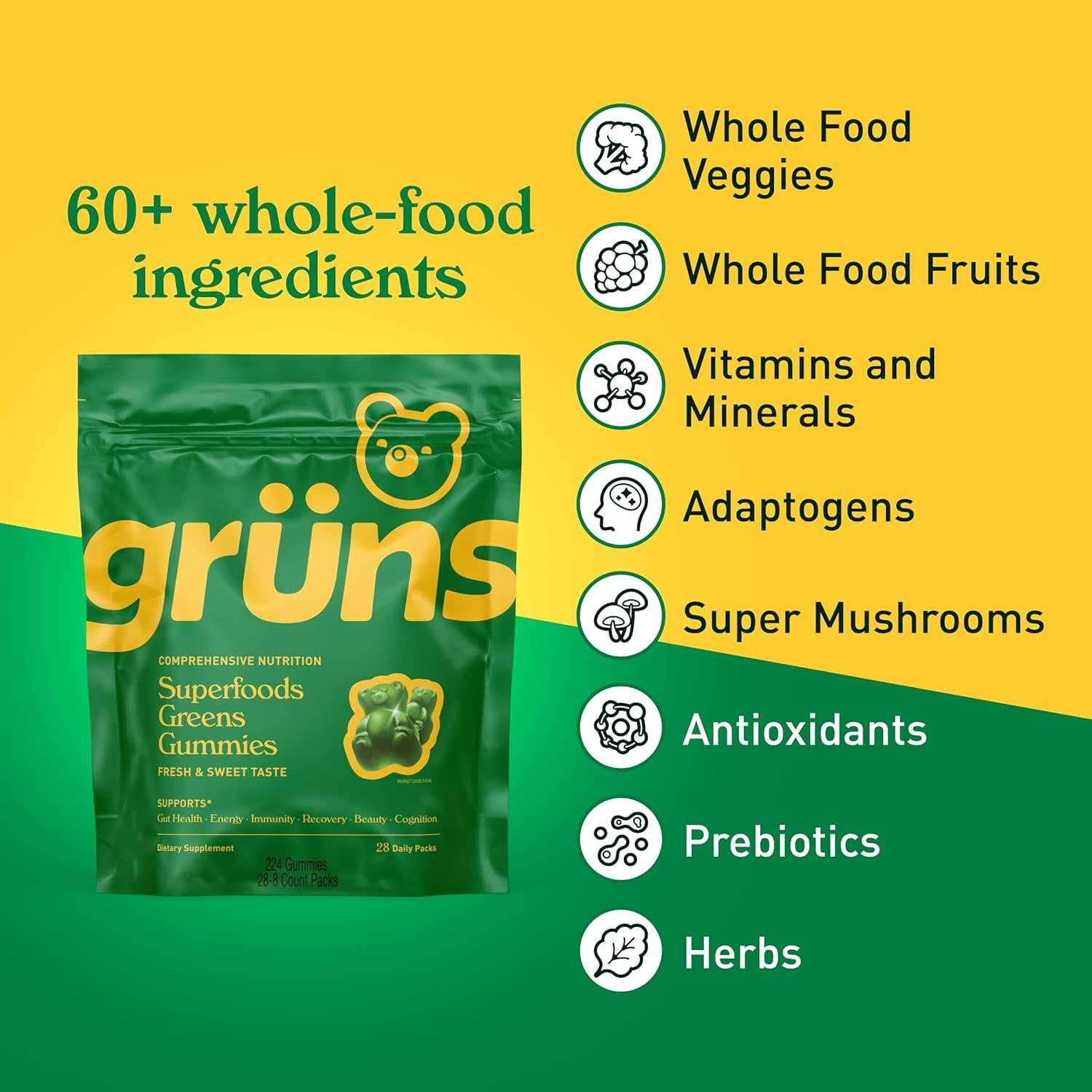 Gruns Adults Super Greens Gummies, Multivitamin Superfood Gummy Bears ...