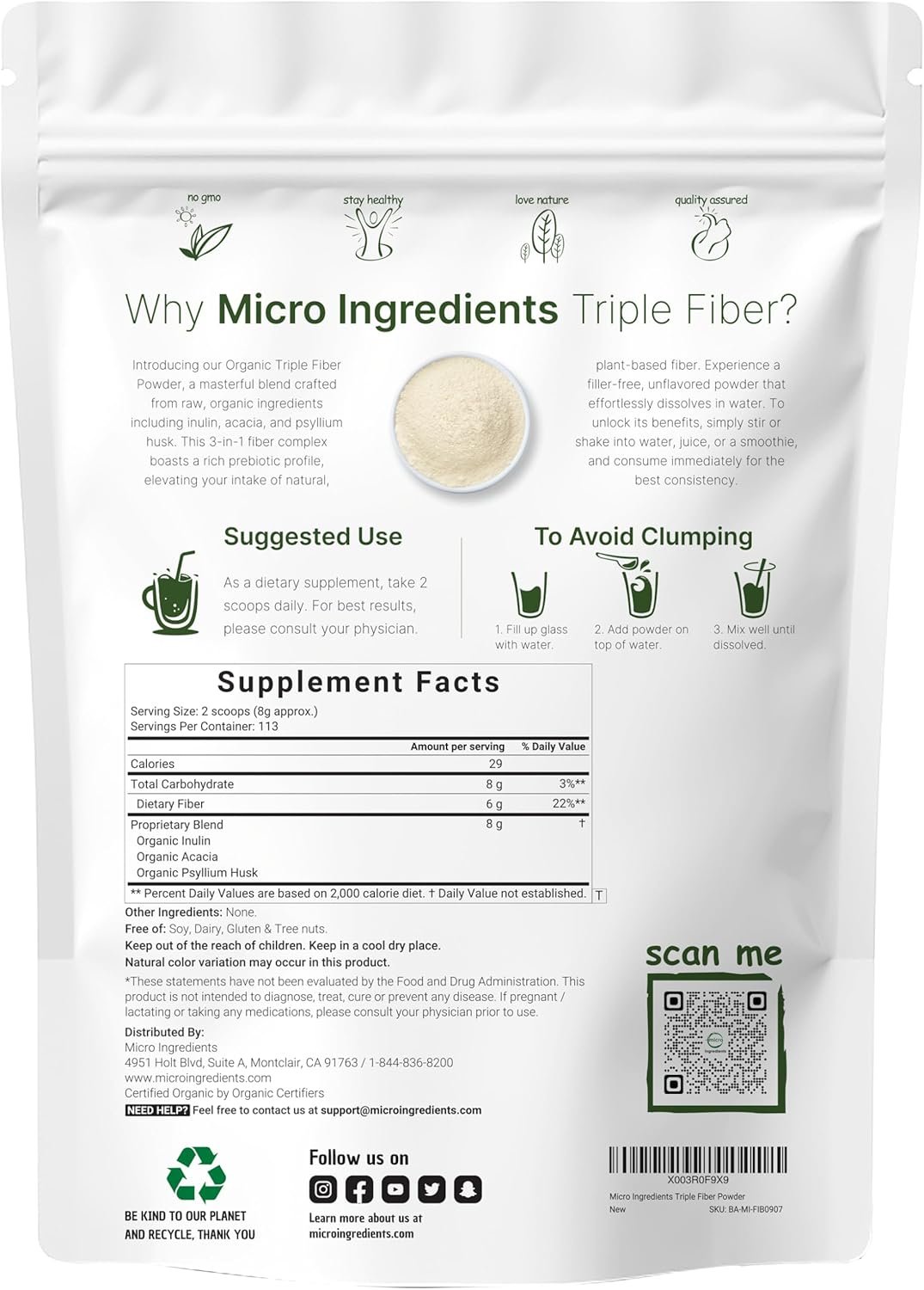Micro Ingredients Organic Triple Fiber Powder, 2lb | Natural Prebiotic ...