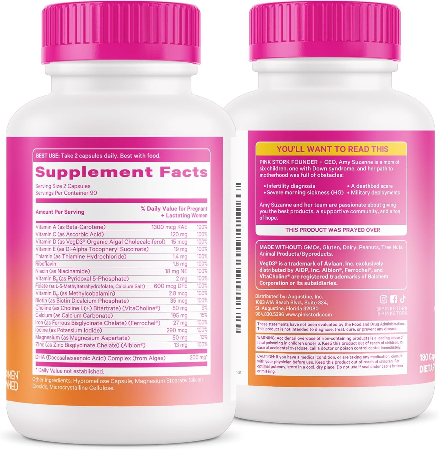 Pink Stork Prenatal Vitamins, 180 Ct – DHA, Folate & Iron for Fetal ...