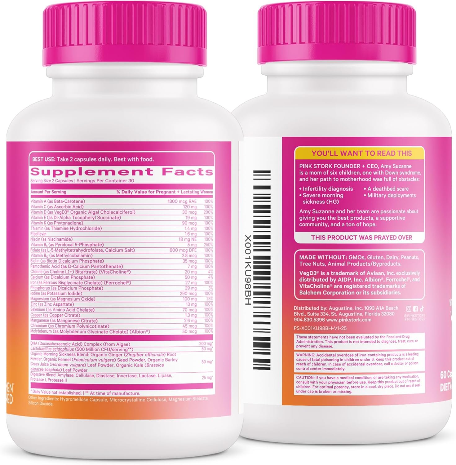 Pink Stork Premium Prenatal, 60 Ct – Folate, Iron, B6 & Probiotics for ...