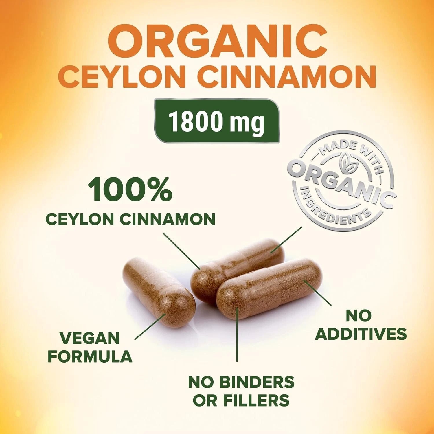 Organic Ceylon Cinnamon Capsules 1800mg Highest Potency Blood Sugar Support