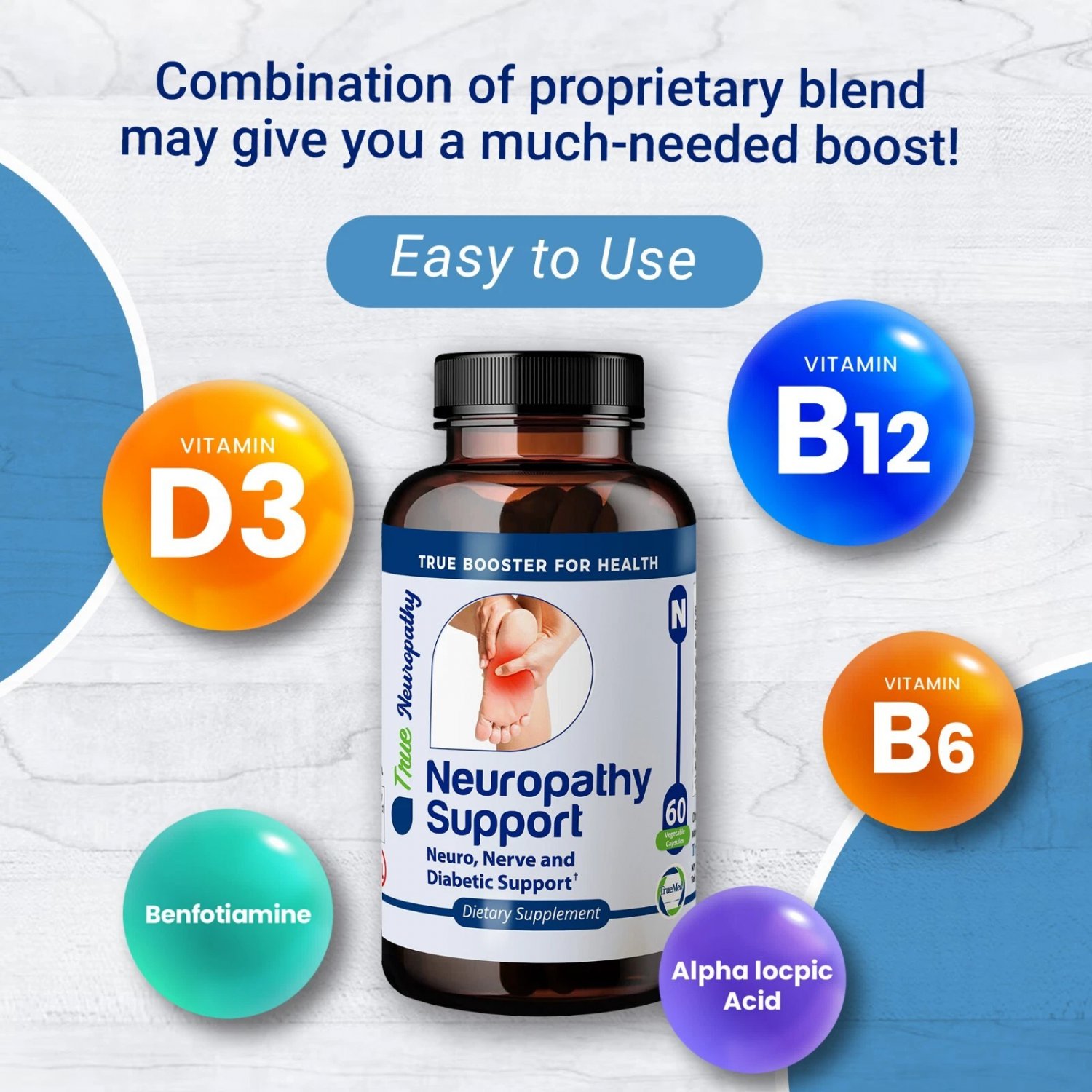 TrueMed Neuropathy Support Nerve, Foot Pain Vitamin D3, Supplement 60 ...