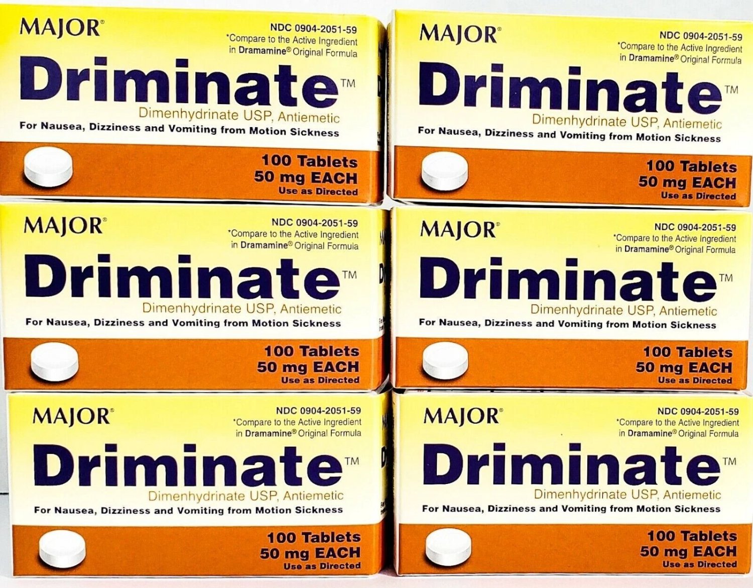 Major Driminate Motion Sickness (Compare to Dramamine) 100ct Each-(6 Pack) 9/26