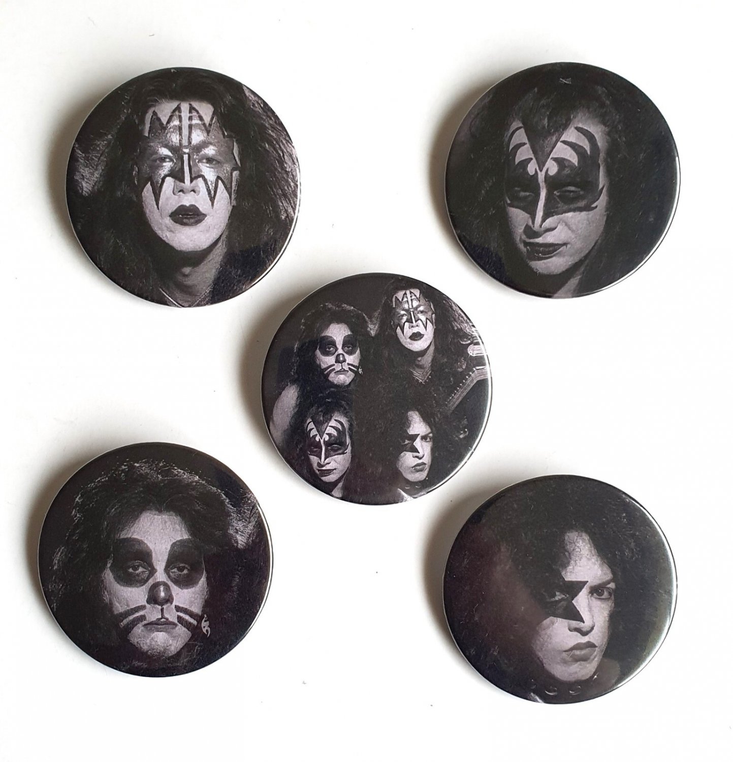 KISS 1974 Black & white Badge Button Set 57mm 2 1/4" Pins Pinback Ace ...