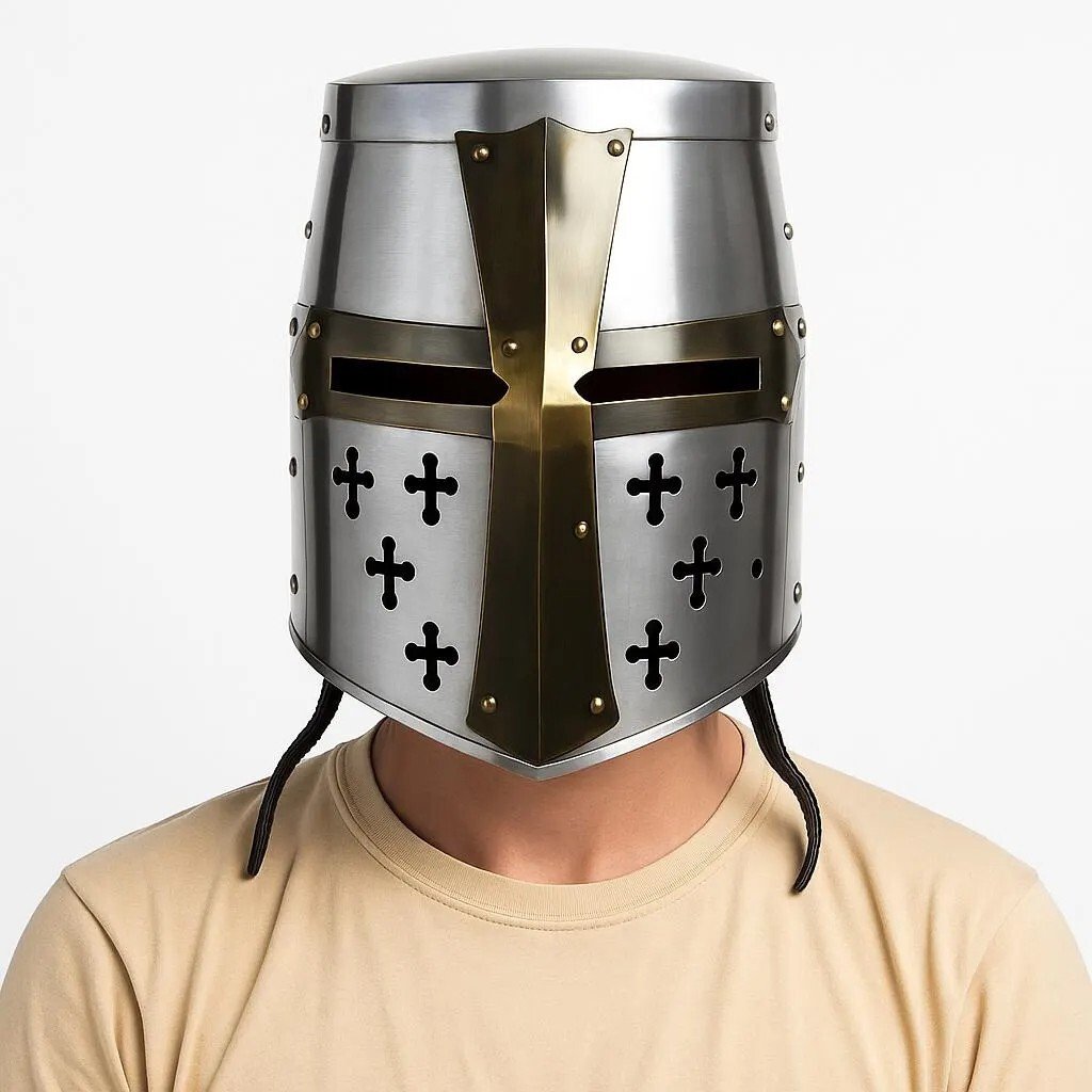 Medieval Crusader Knight Helmet Great Helm with Brass Cross Templar Armor