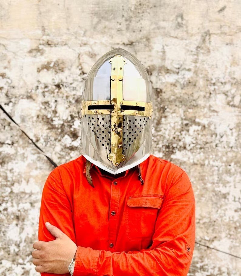 Medieval Bascinet Helmet Crusader-Style Knight Helmet Brass Cross Singh