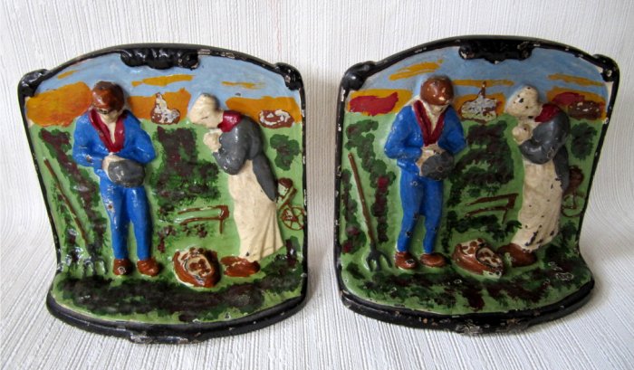 Antique Bookends Angelus Call to Prayer Handpainted Cast Iron
