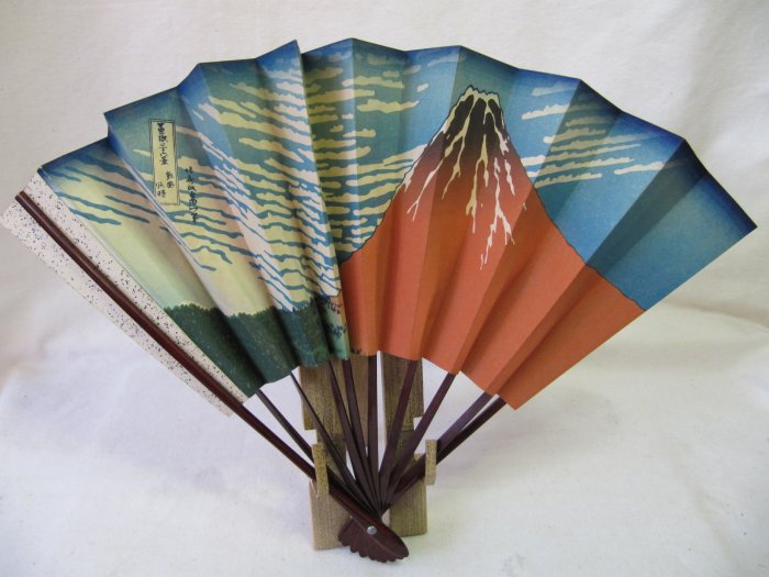 DONATED Vintage Japanese Asian Fan Ukiyo-e Red Mt. Fuji Katsushika ...