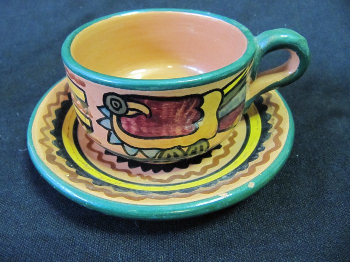 Vintage F.C.A. Peru Handpainted Inca Bird Design Green Rim Cup and Saucer
