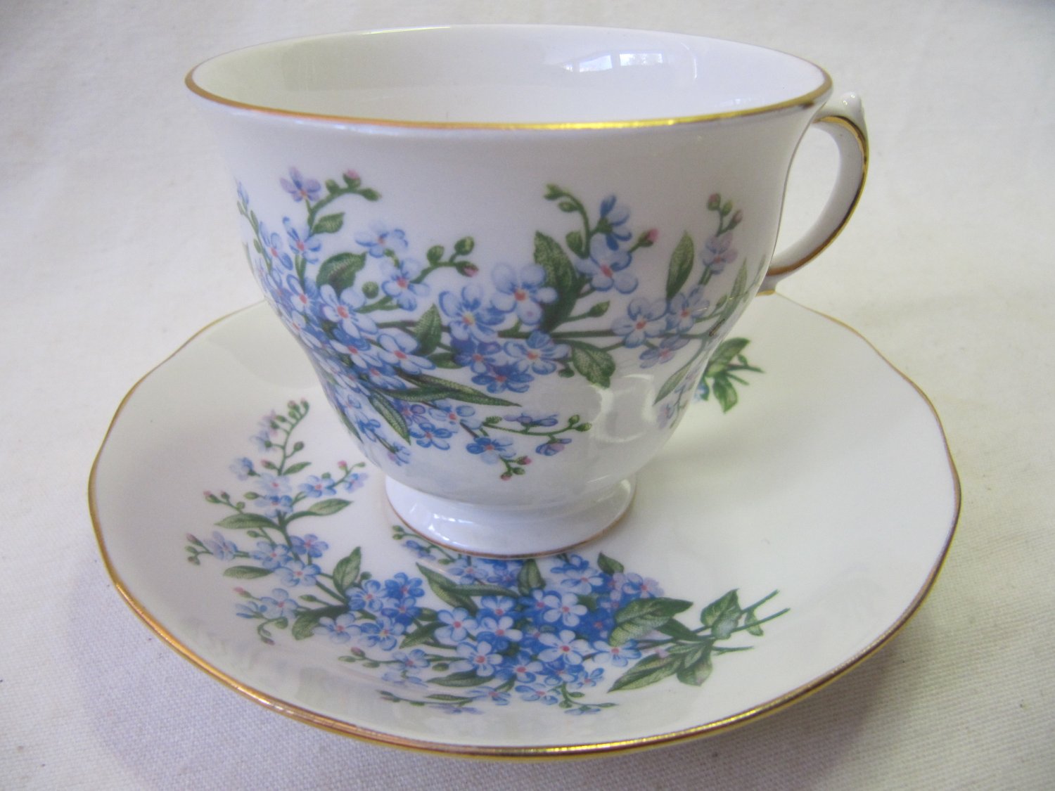 Vintage ROYAL KENT Staffordshire Cup & Saucer Bone China White w Blue ...