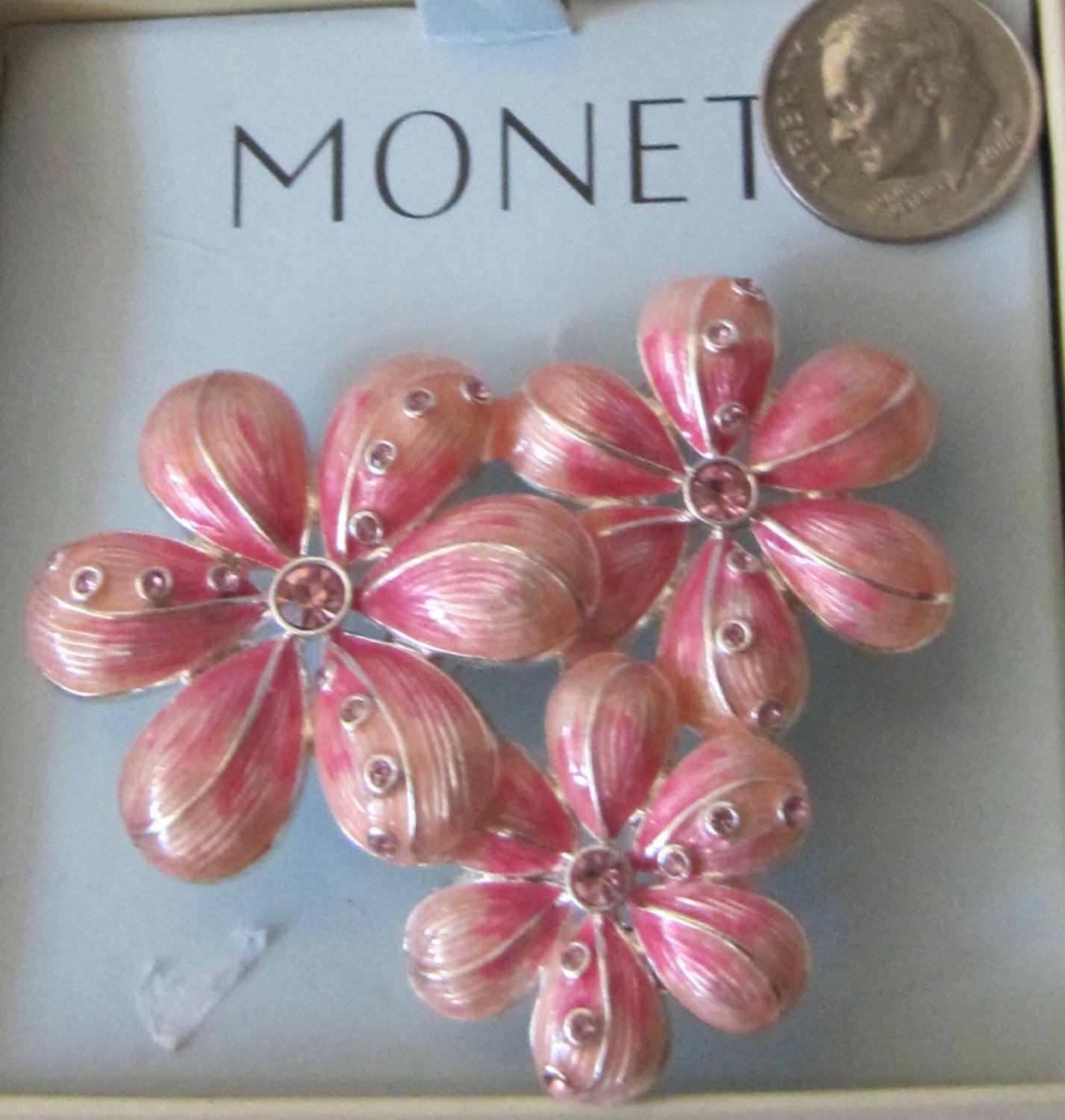 MONET Pink Flower Trio Pin Brooch MNRUI514 Figural Petals Rhinestones ...