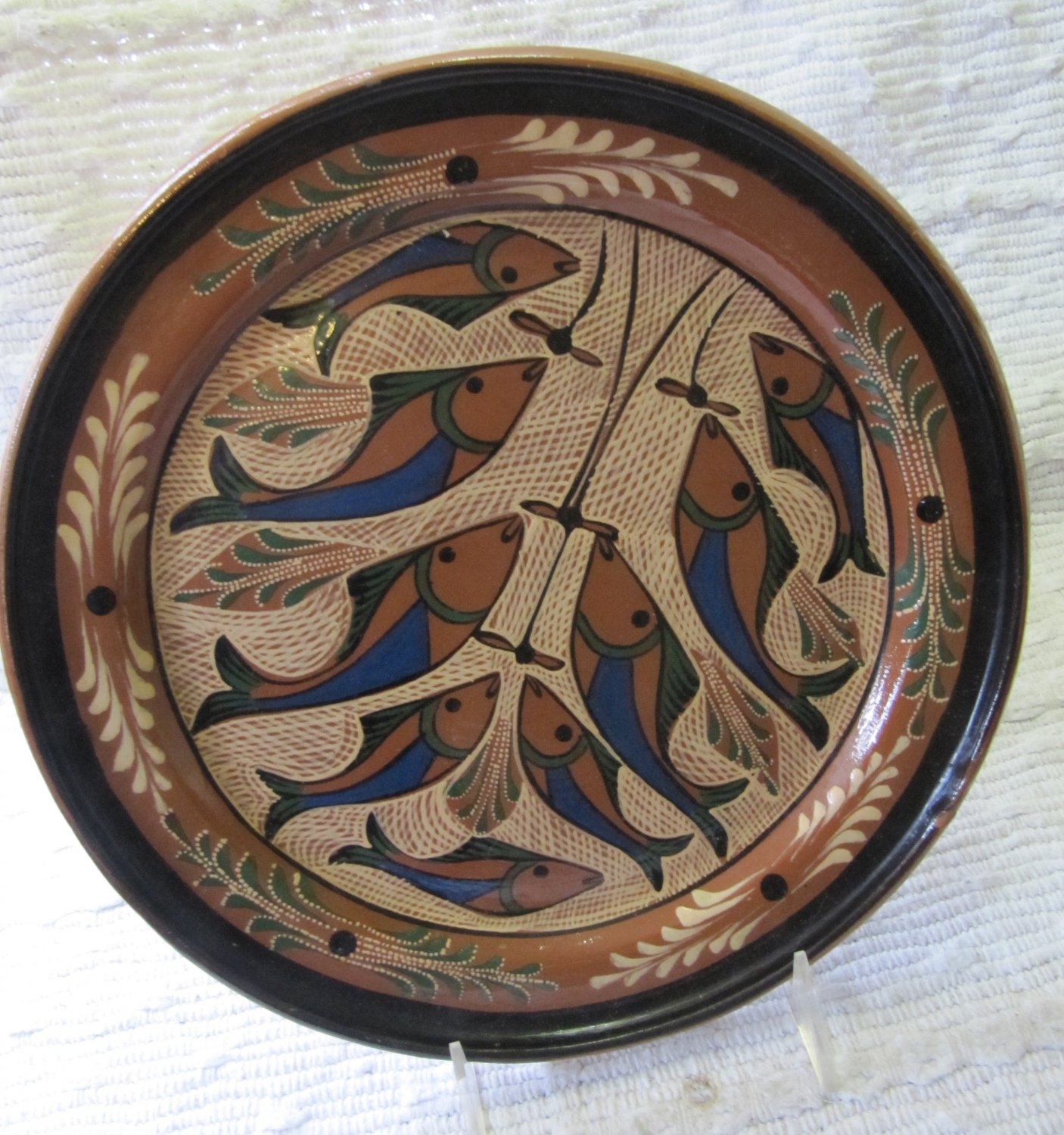 Vintage Handpainted Plate Capula Michoacan 9 Blue Fish Mexican Pottery ...