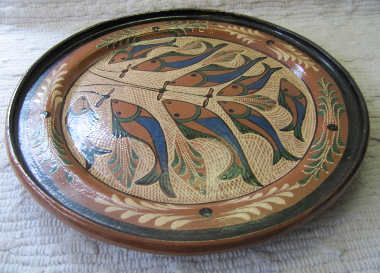 Vintage Handpainted Plate Capula Michoacan 9 Blue Fish Mexican Pottery ...