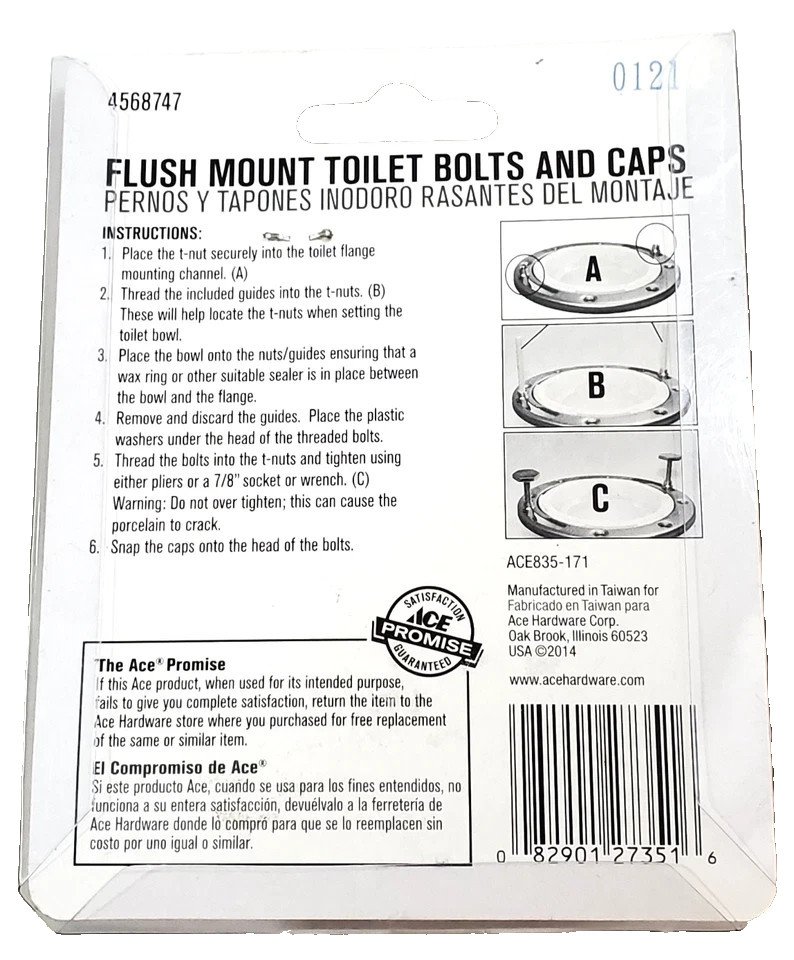Ace Hardware 4568747 Flush Mount Toilet Bolts & Caps Brass Quick Install