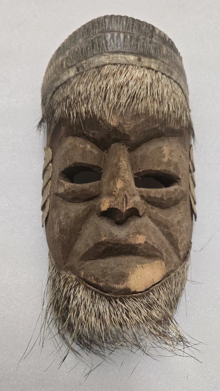 Vintage Mexican Folk Art Dance Mask Carved Wood Porcupine Quills Armadillo