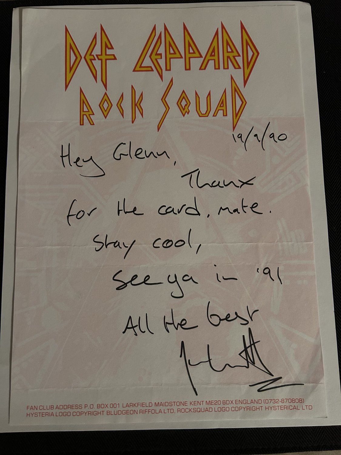 Def Leppard Joe Elliott Hand Signed Letter On Rock Squad Stationary