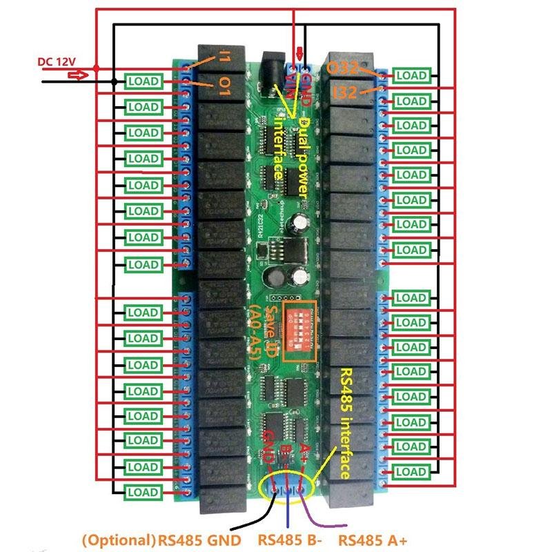 R421C32 DC12V 32 Channels Modbus RTU RS485 Bus Relay Module UART Serial ...