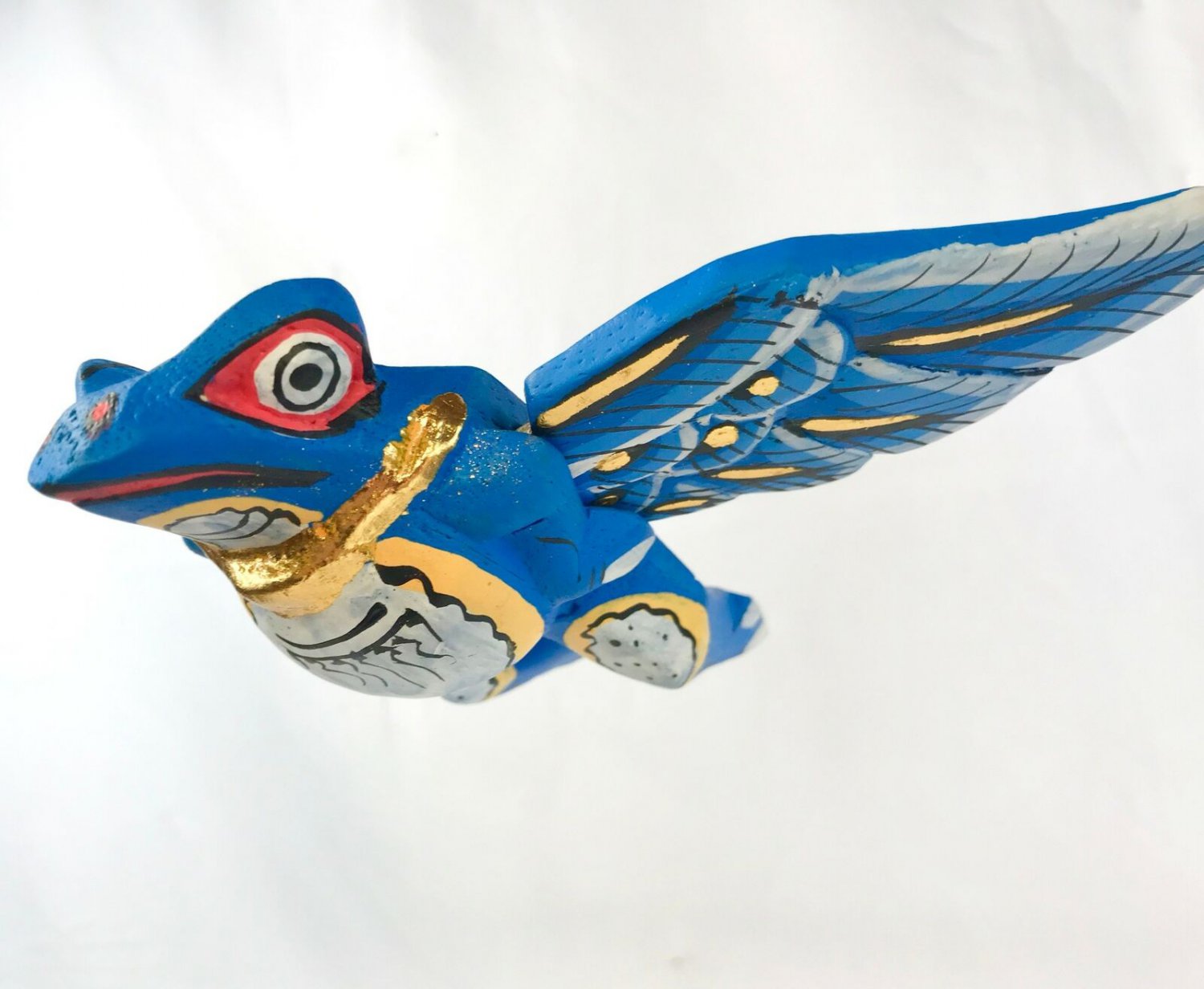 FLYING Frog Winged Toad Mobile Spirit Chaser carved wood Art Blue Art 6"
