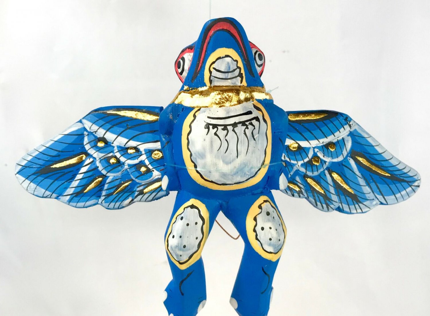 FLYING Frog Winged Toad Mobile Spirit Chaser carved wood Art Blue Art 6"