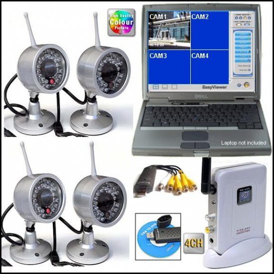 4 Camera 5.8GHz Wireless USB DVR Security System Remote Access IR ...