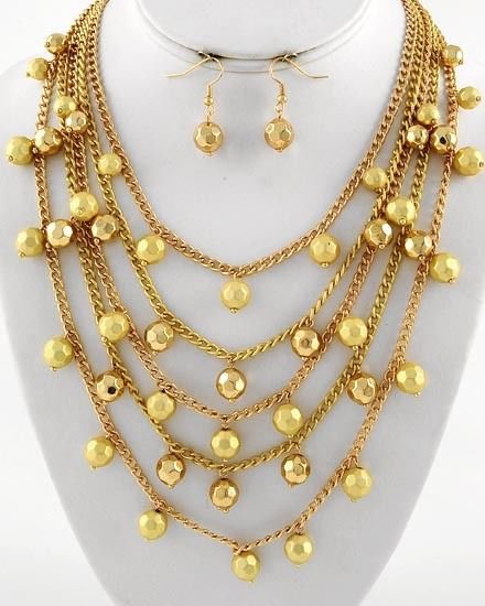 NEW Gold Ccb Bead Multi Row Layer Charm Necklace & Dangle Earring Set