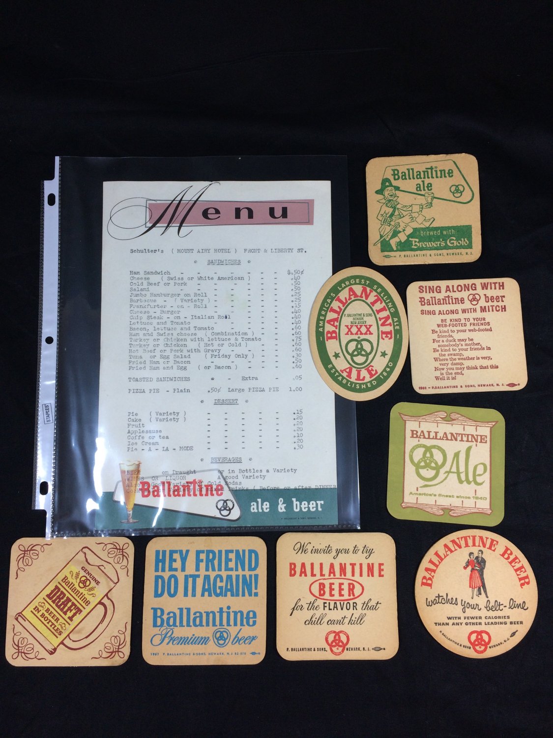 Ballantine Menu and 8 Beer Coasters mount airy hotel