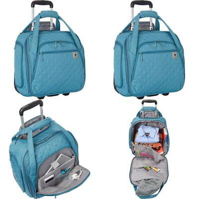 Delsey Quilted Overnighter rolling underseat wheeled tote Teal blue aqua