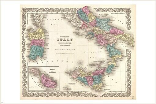 MAP of SOUTHERN ITALY poster - sicily, sardinia and MALTA collectors 20x30