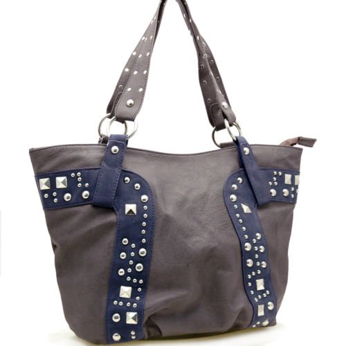 Gray Designer Studded Vani Faux Suede Handbag Tote