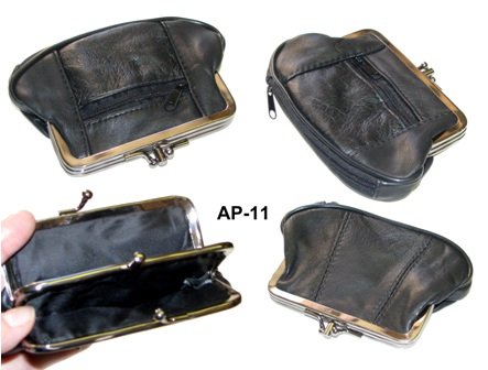 Black Real Leather double frame Large coin purse