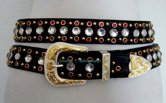 Red Crystal Rhinestone Studded Western Horseshow Belt L