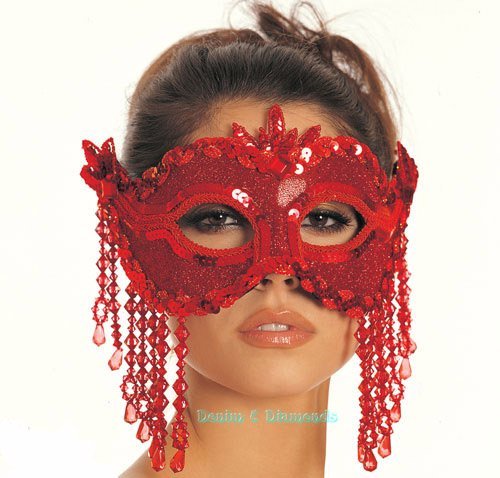 Red Sequin & Beaded Fringe Mask Masquerade Ball Mardi Gras Costume