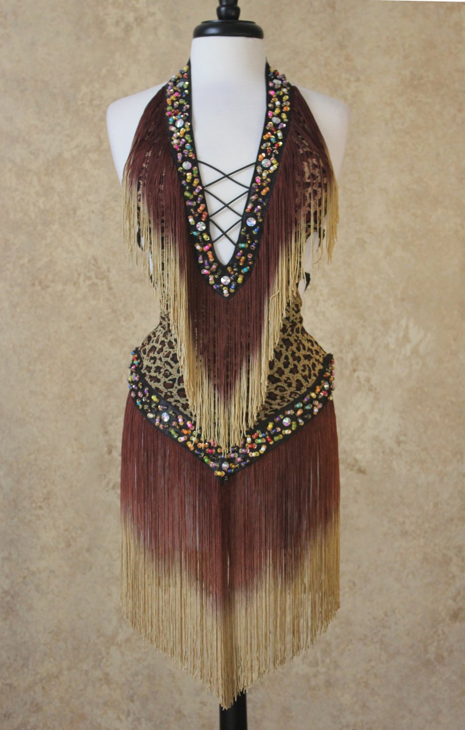 Animal Print Leopard Fringe Burlesque Dance Salsa Ballroom Dress Costume