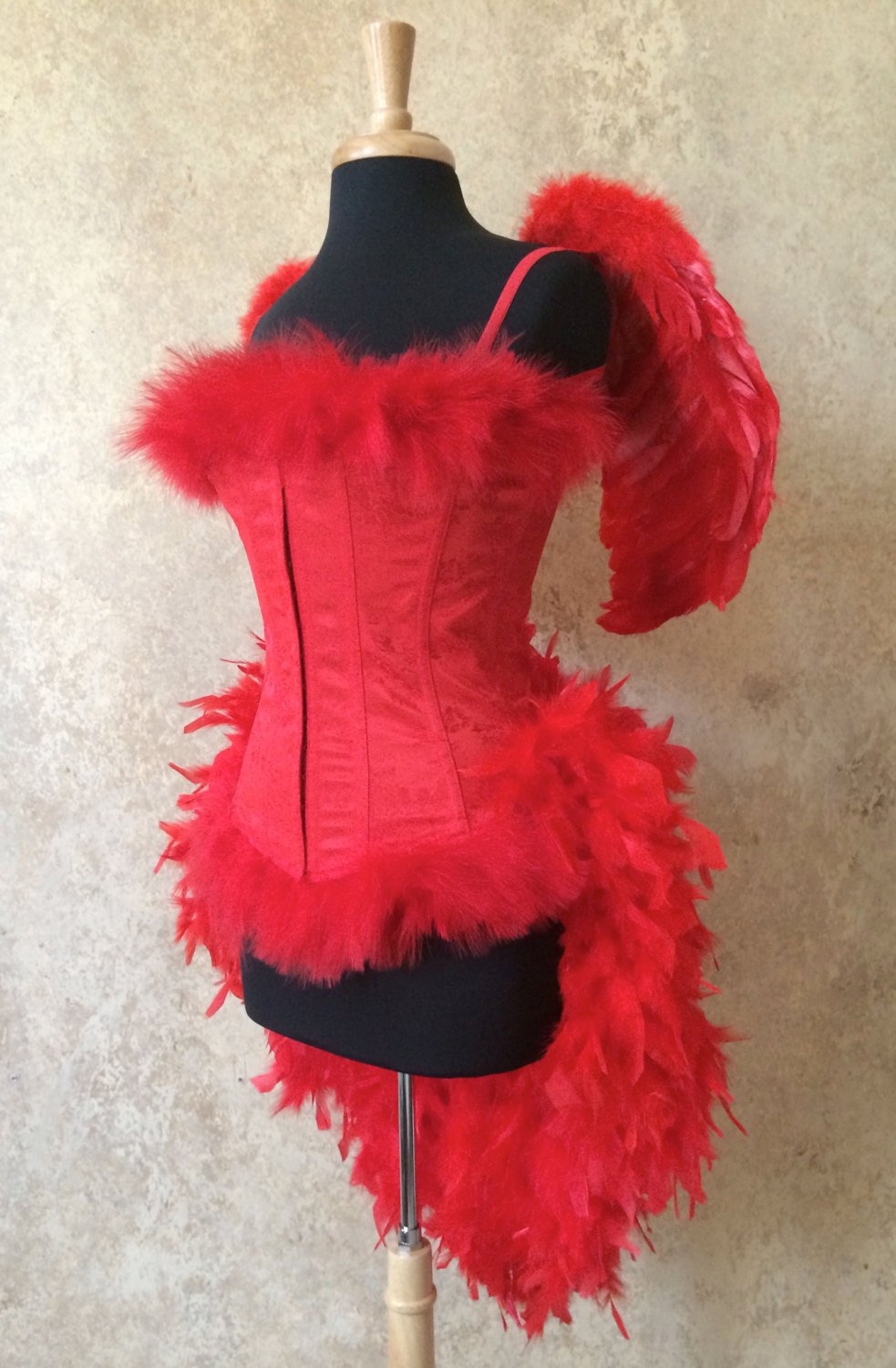 S~Custom Red Devil Angel Feather Burlesque Moulin Costume Halloween