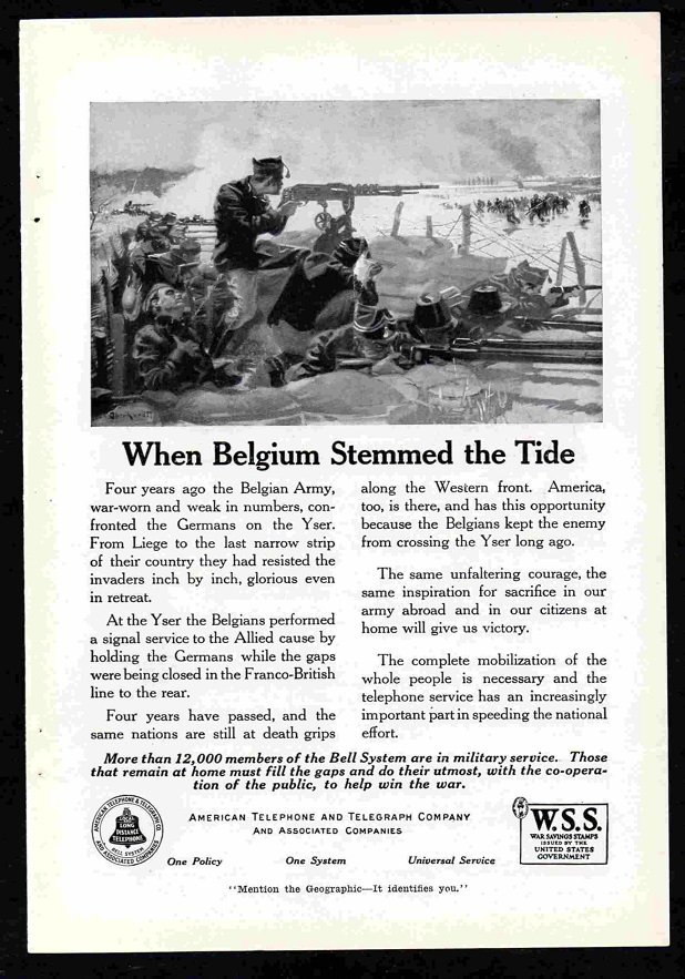 1918 World War 1 WW1 Ad ATT Amertican Telephone Belgium Army Machine ...