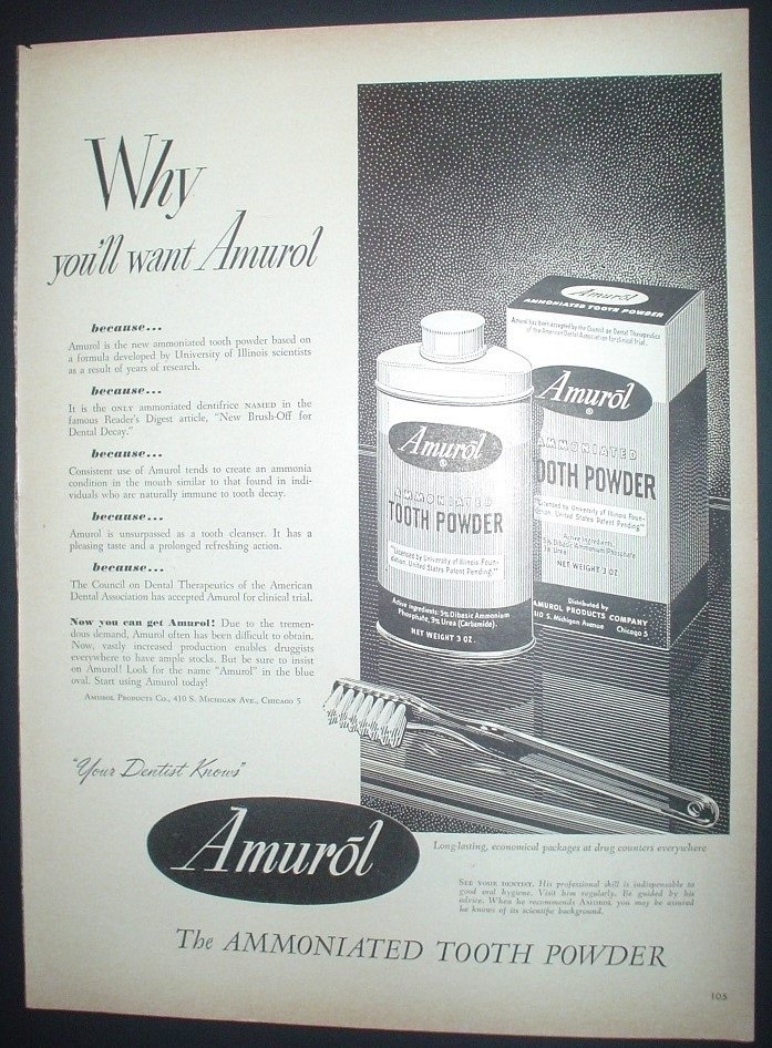 1949 Amurol Tooth Powder Print Ad Your Dentist Knows Why You'll Want Amurol